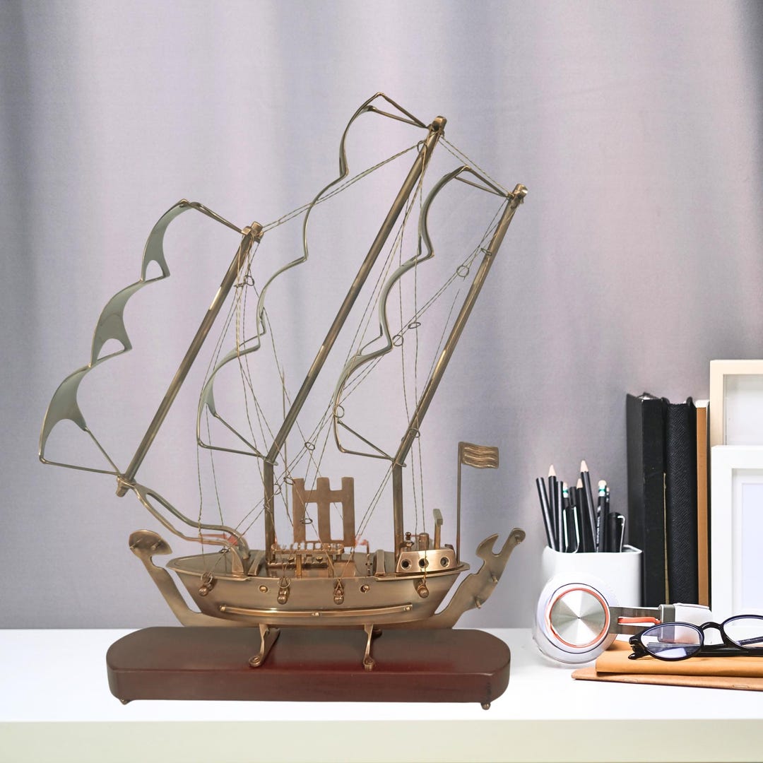 Brass Ship Model | 18" Tall Nautical Decor | Vintage Sailing Boat ...