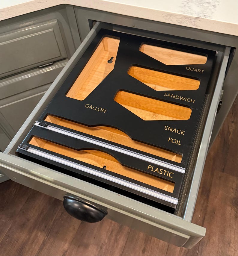 Black Bamboo Food Bag Organizer: Kitchen Drawer Wrap Dispenser With ...