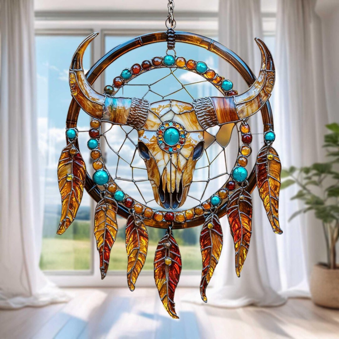 Western Bull Skull Suncatcher With Tribal Feathers and Gem Accents ...