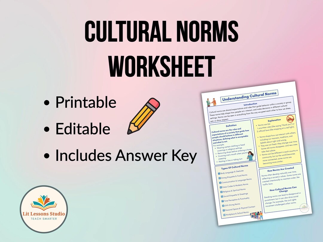 Cultural Norms Worksheet – Matching Activity, Reflection Questions ...