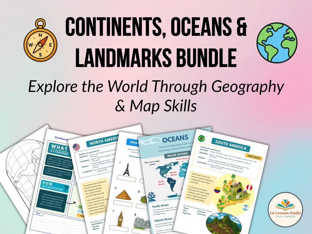 Continents, Oceans & Landmarks Worksheet Bundle – Map Activities, Mini ...
