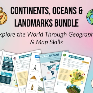 Continents, Oceans & Landmarks Worksheet Bundle: Geography Activities ...