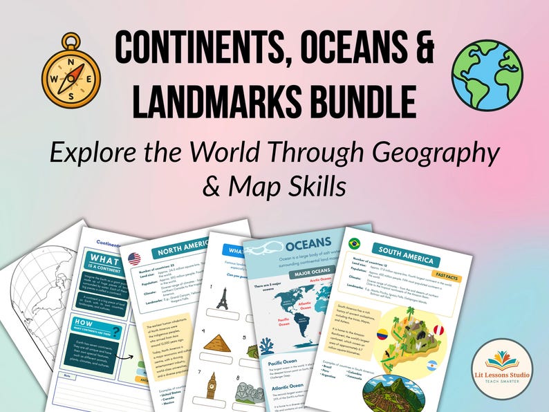 Continents, Oceans & Landmarks Worksheet Bundle: Geography Activities ...
