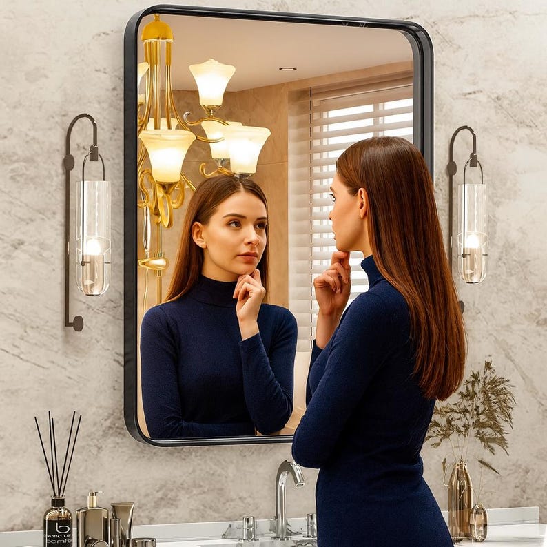 Black Rounded Rectangle Bathroom Mirror – Modern Metal Frame, 36x24 ...