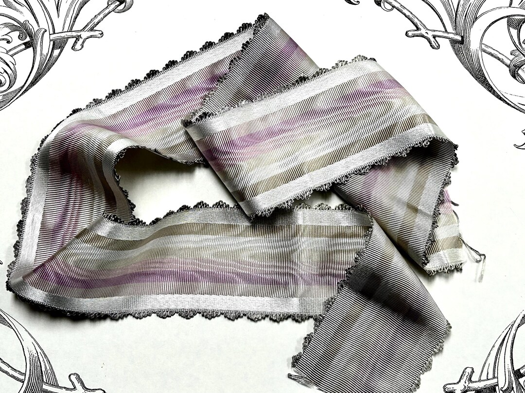 French Vintage Moire Faille Ribbon: Grey & Lavender Striped Rayon, 2.5 ...