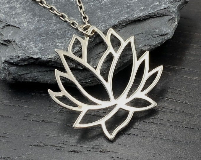 Large Lotus Flower Necklace Sterling Silver, Yoga Jewelry Gift for Mom ...