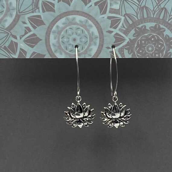 Sterling Silver Lotus Flower Earrings for Women Long Dangling Drop Yoga Earrings Silver Lotus Dangle Earrings Etsy