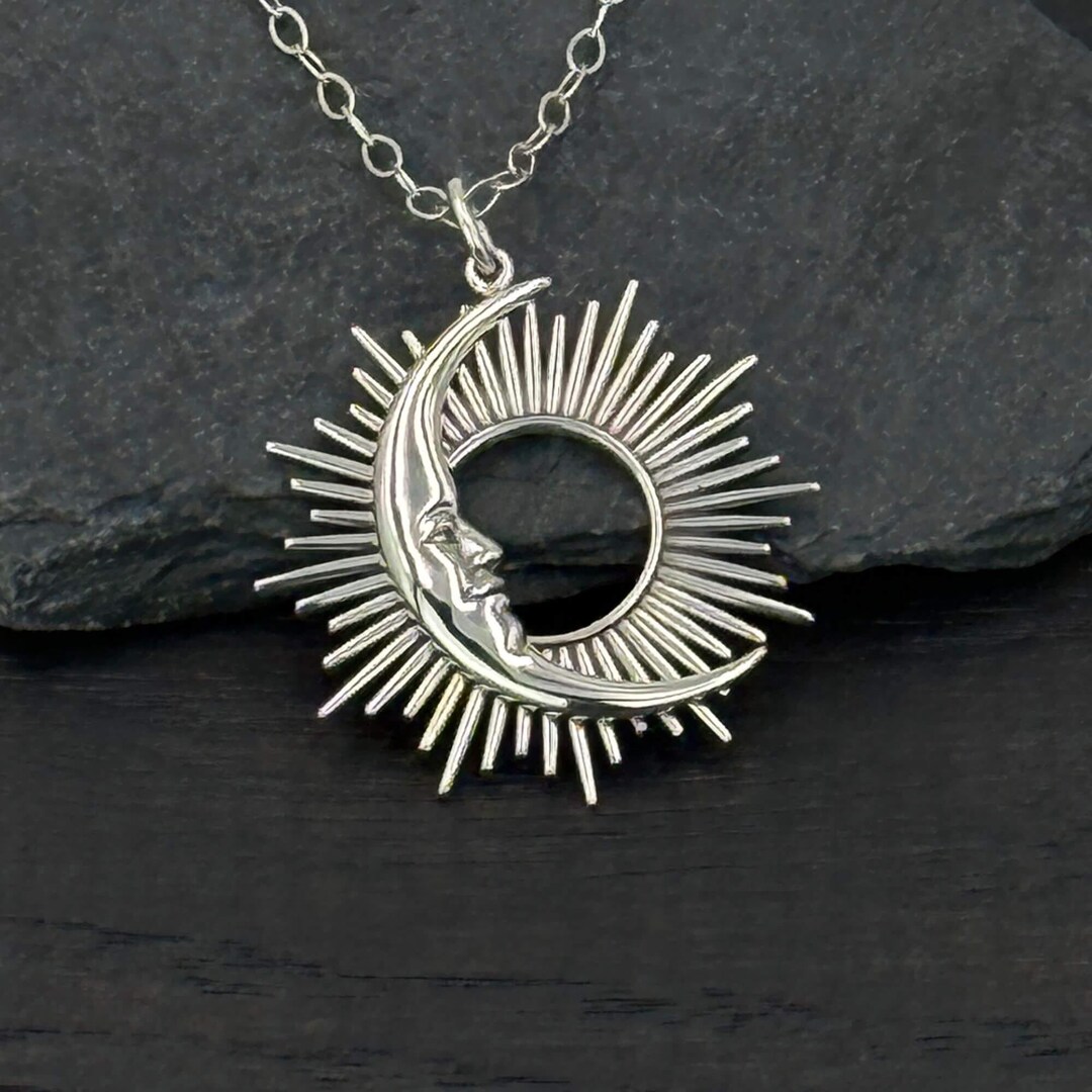 Sterling Silver Spiky Sun With Crescent Moon Pendant Necklace ...