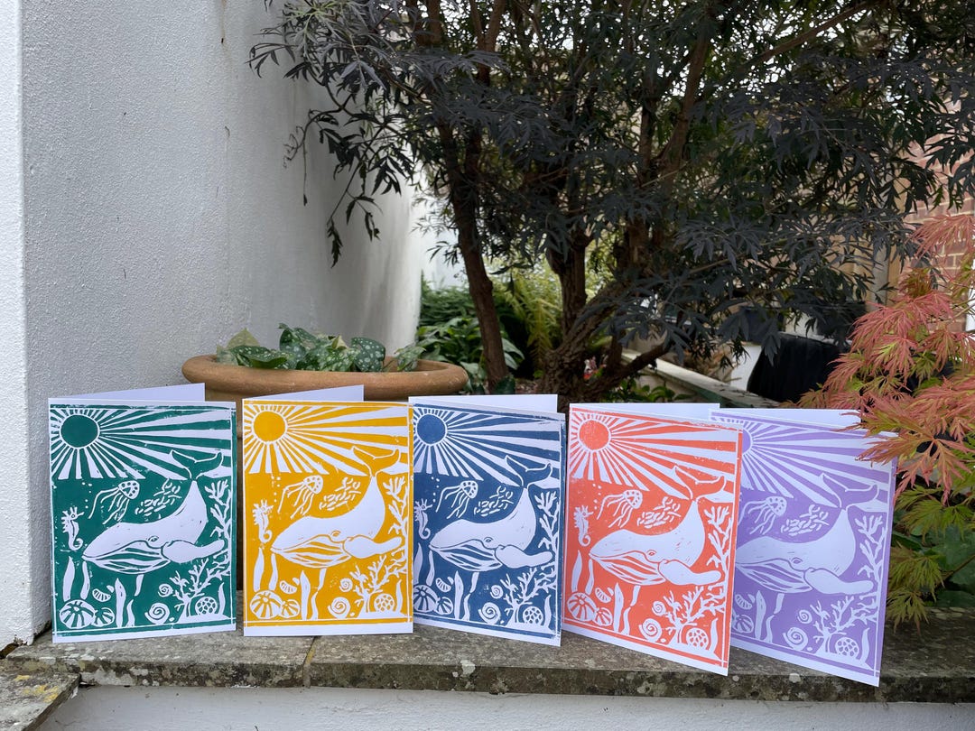 HOMEMADE Lino Print Cards Pack of 5, Ocean Themed. - Etsy