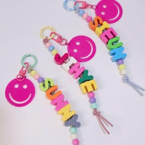 Personalized Beaded Name Keychain: Alphabet Bag Charm, Happy Face - Etsy