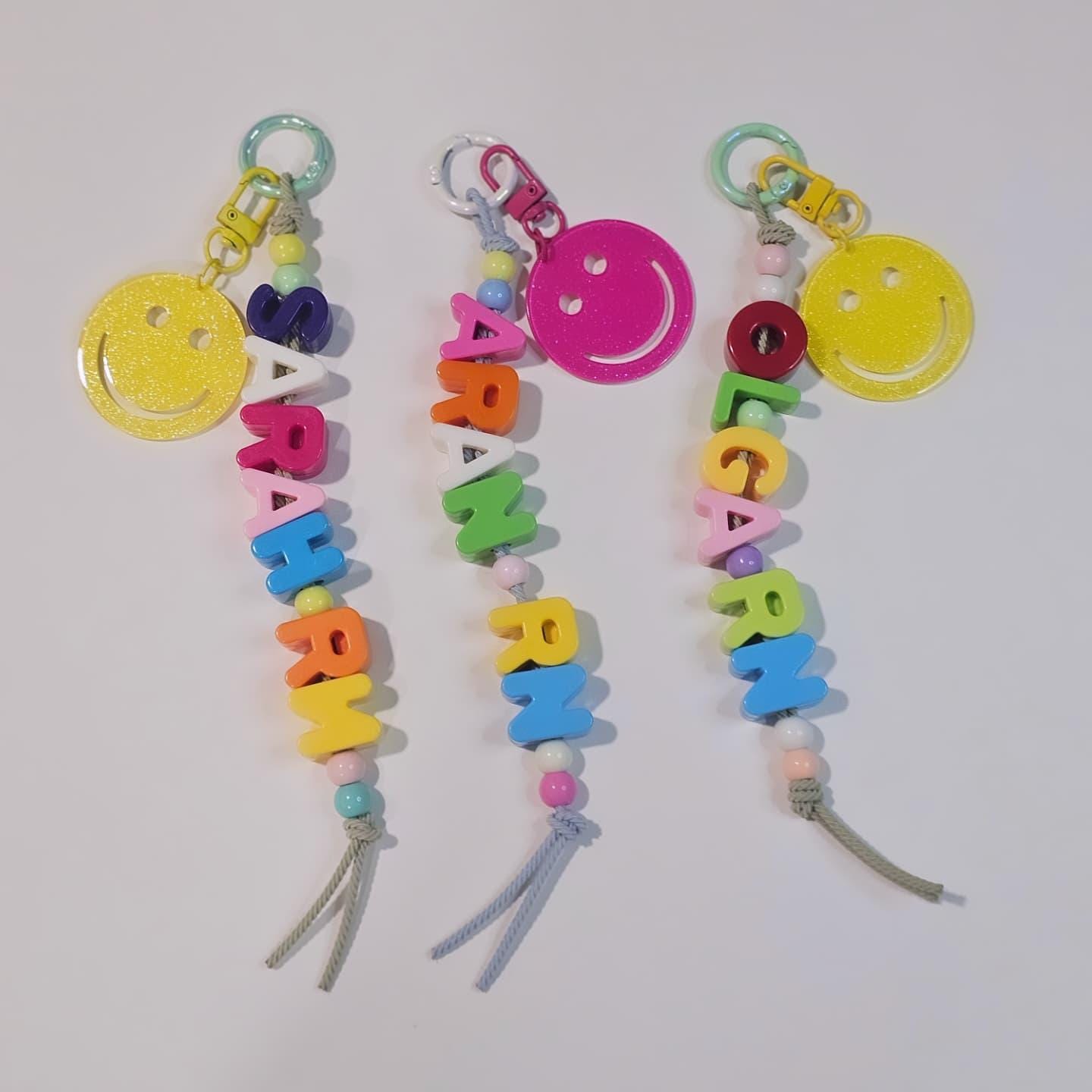 Personalized Beaded Name Keychain: Alphabet Bag Charm, Happy Face - Etsy