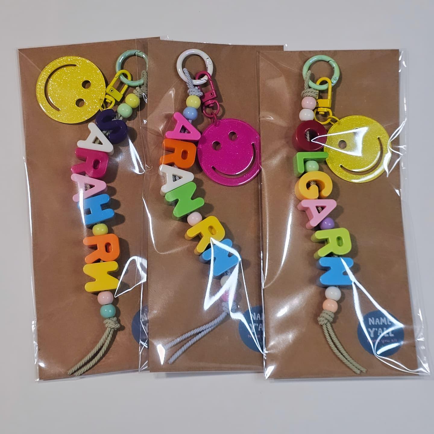 Personalized Beaded Name Keychain: Alphabet Bag Charm, Happy Face - Etsy