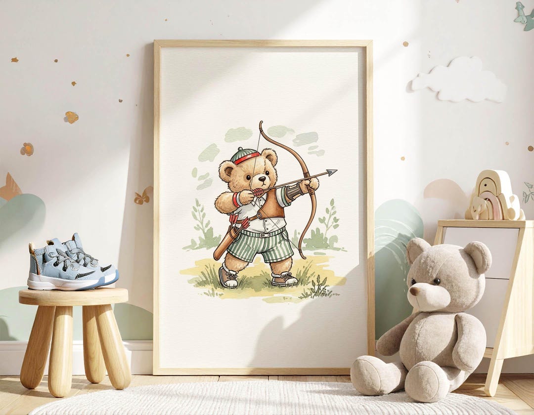 Teddy Bear Archer Wall Art, Watercolor Vintage Nursery Decor, Nursery ...