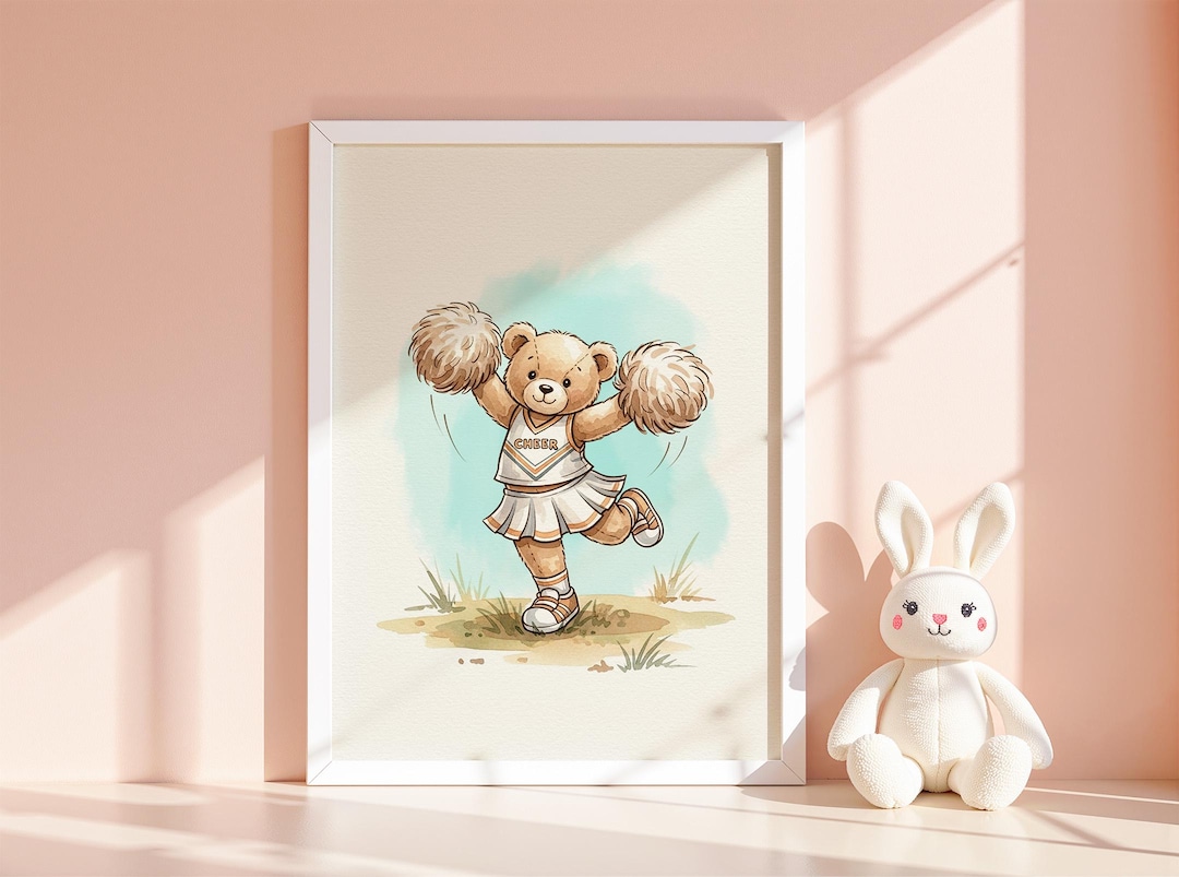 Cheerleader Bear Printable Wall Art, Sports Nursery Decor, Cute Animal ...