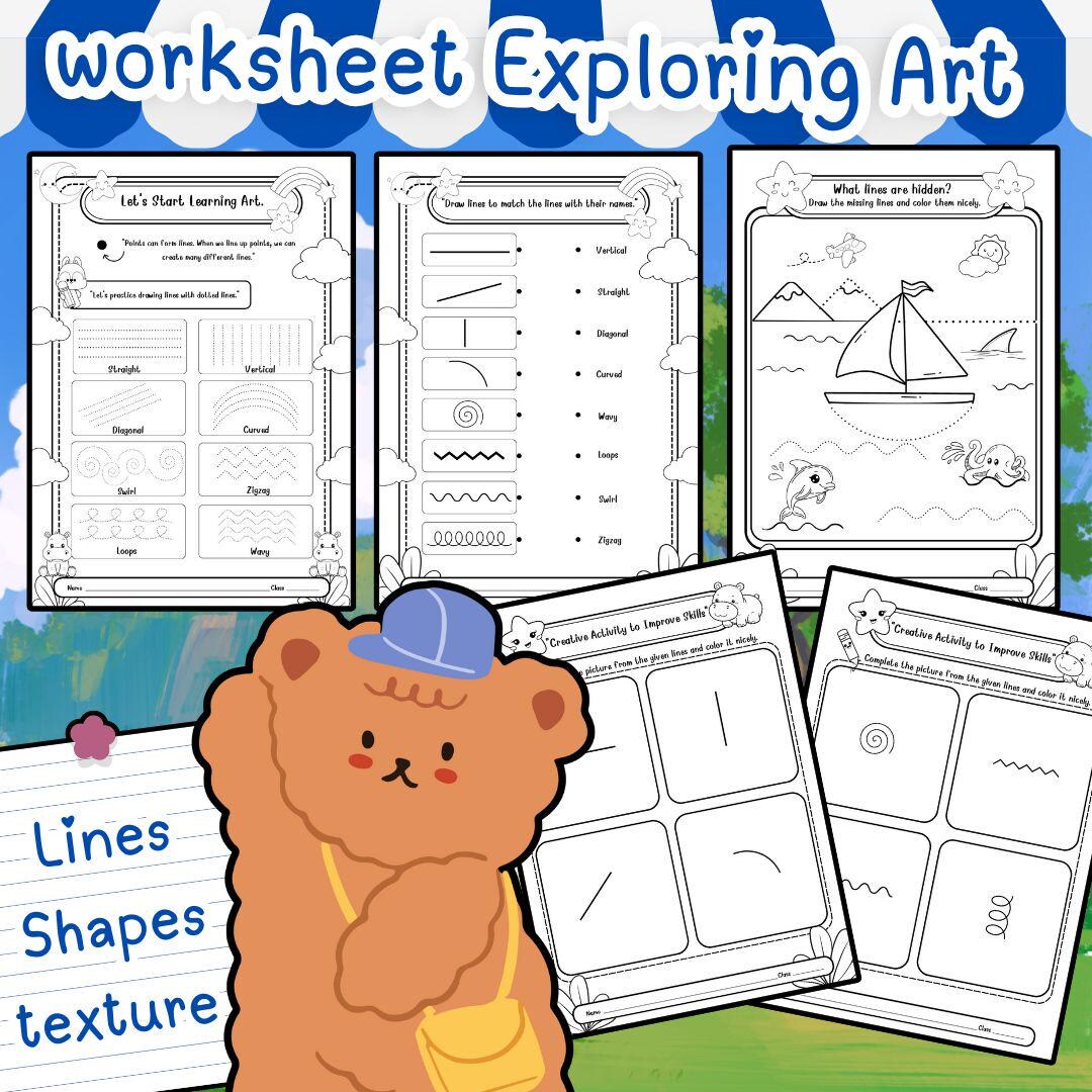 Beginner Art Worksheets for Grades 1-3 Exploring Art Lines, Shapes ...