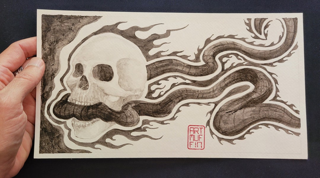 Original Art - Skull Snakes-flaming Skull Biting Serpent - Etsy