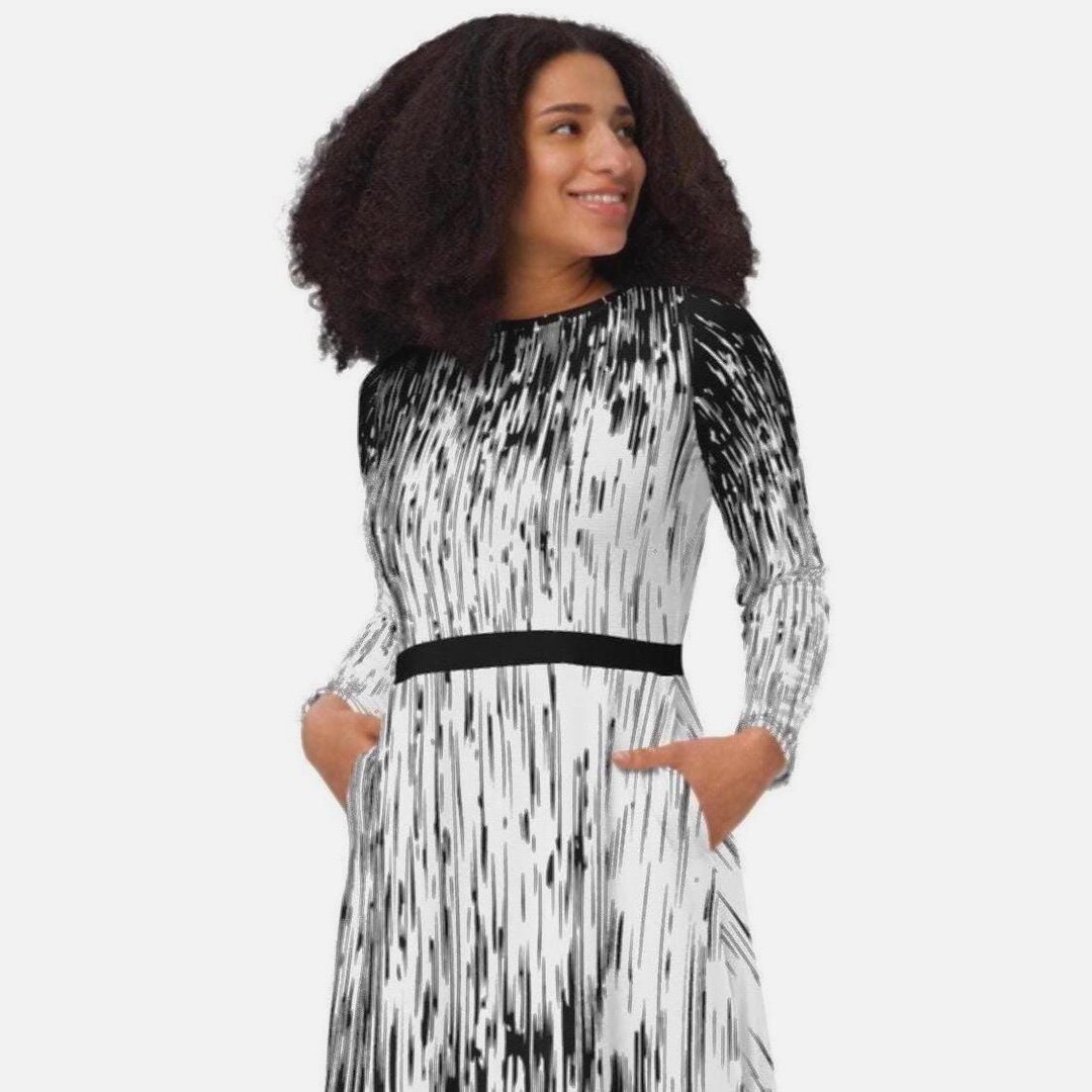 Gothic Midi Dress for Women, Black and White Drip Design - Long Sleeve ...