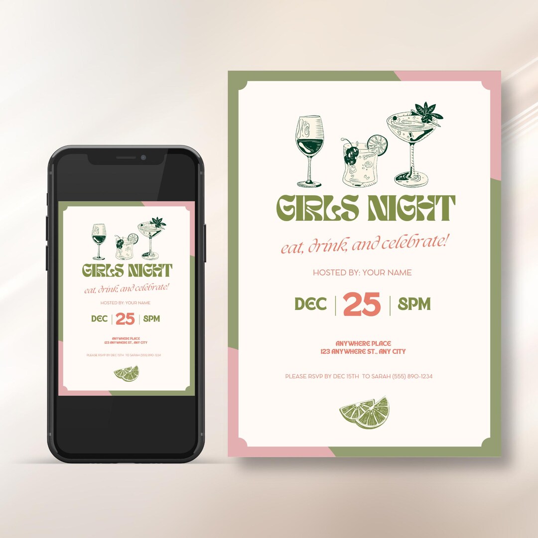 Editable Girls Night Invitation, Cocktail Party Downloadable Template ...