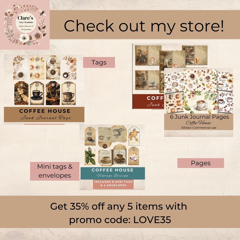 Coffee Printable Junk Journal Tags, Junk Journal Pockets & Tags, Coffee ...