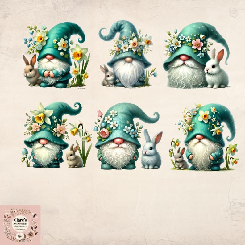 Spring Gnomes Clipart, Easter Gnome PNG, Daffodils and Bunnies, 12 ...