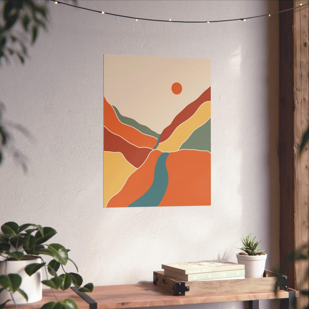 Boho Mountain Wall Art, Sun Landscape Art Print, Minimalist Mountain ...