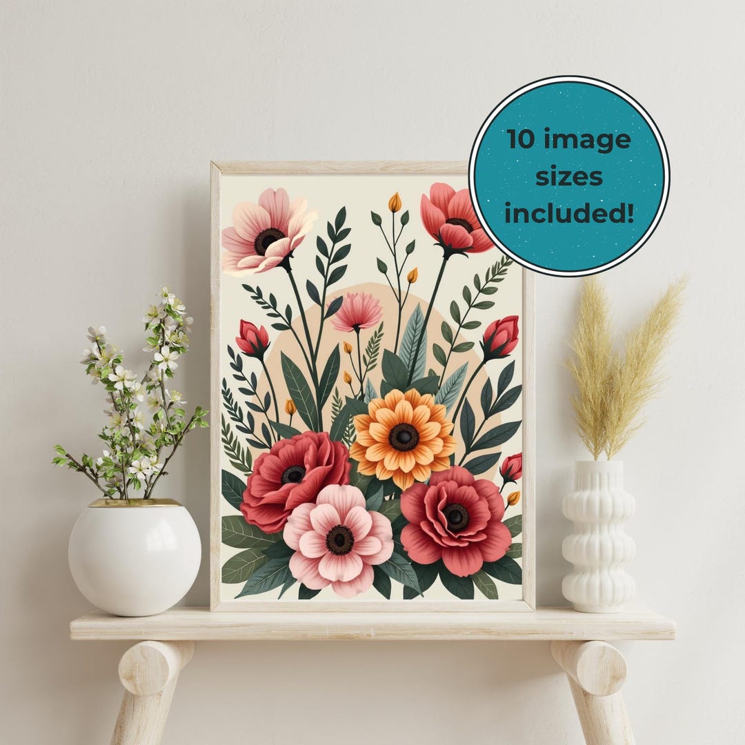 Boho Floral Wall Art Printable With Red Pink Yellow Flowers, Digital ...