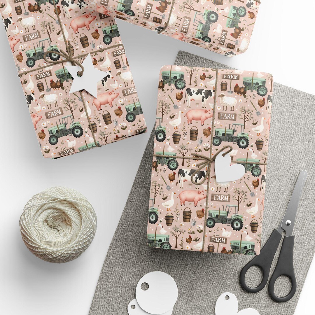 Pink Farm Wrapping Paper | Country Animal Gift Wrap With Tractor and ...