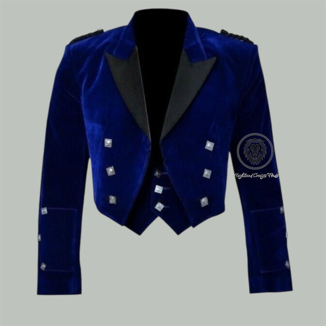 Men's Scottish Blue Velvet Prince Charlie Kilt Jacket Vest Wedding Kilt ...