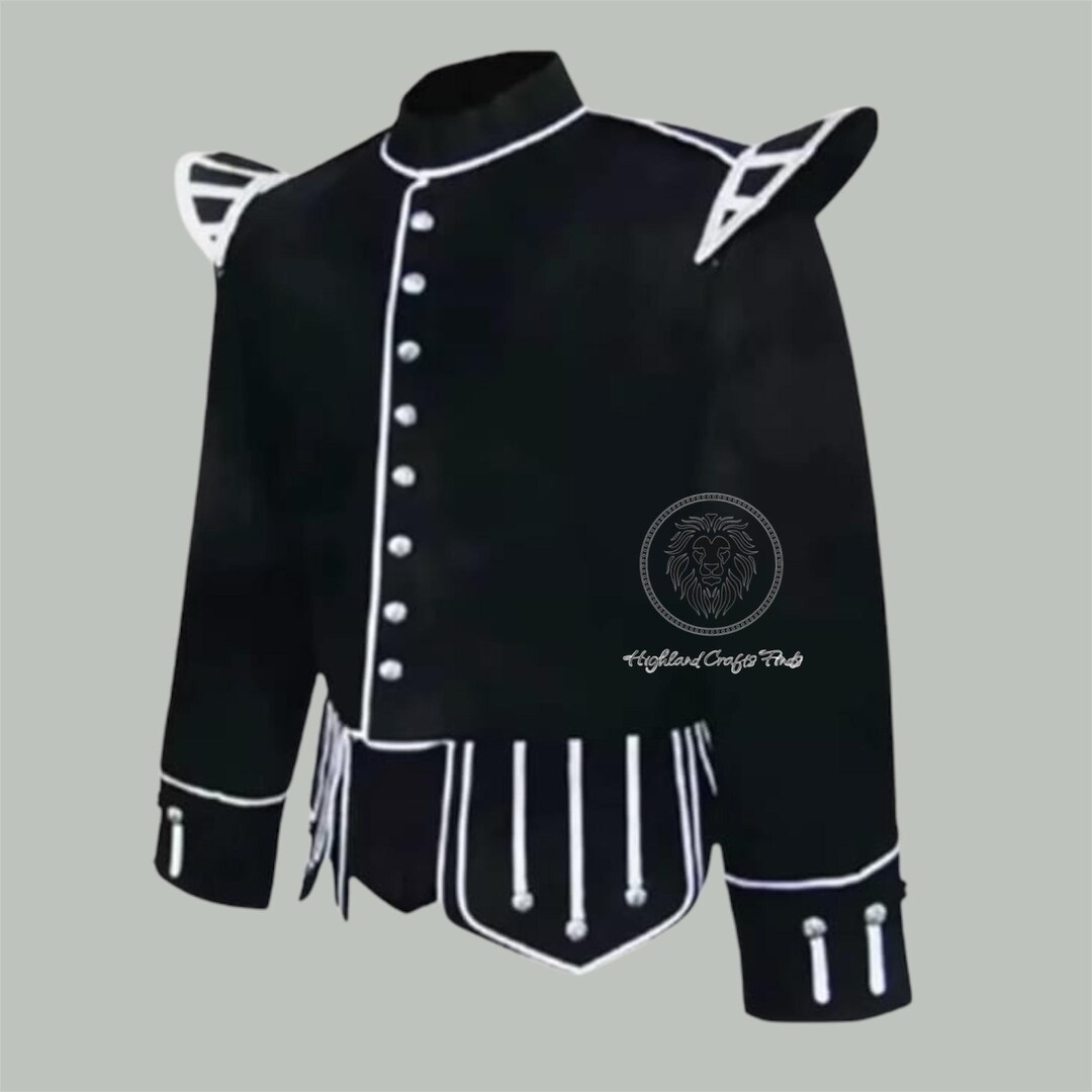 Men's Scottish Black Doublet Jacket Kilt Marching Wool Jacket Bagpiper ...