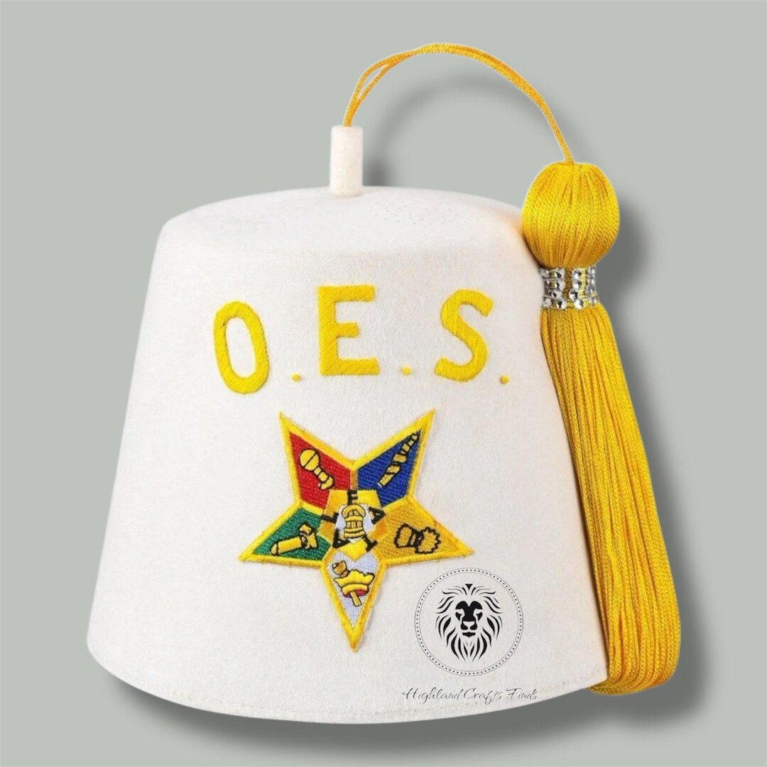Order of Eastern Star Pure White Fez Hat Silk Thread Hand Embroidered ...