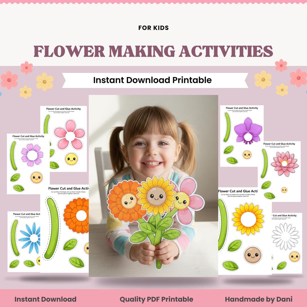 Flower Cut and Paste Activity for Kids, Printable Flower Craft Kit ...