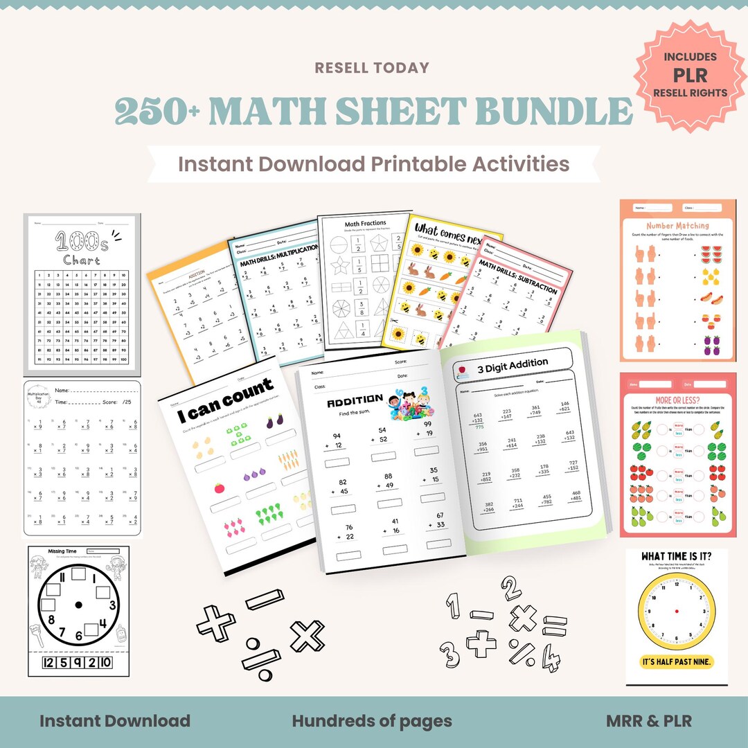 Math Activity Bundle: 250+ Printable Worksheets, Clock Learning ...