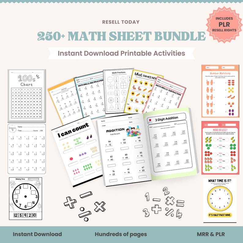 Math Activity Bundle: 250+ Printable Worksheets, Clock Learning ...