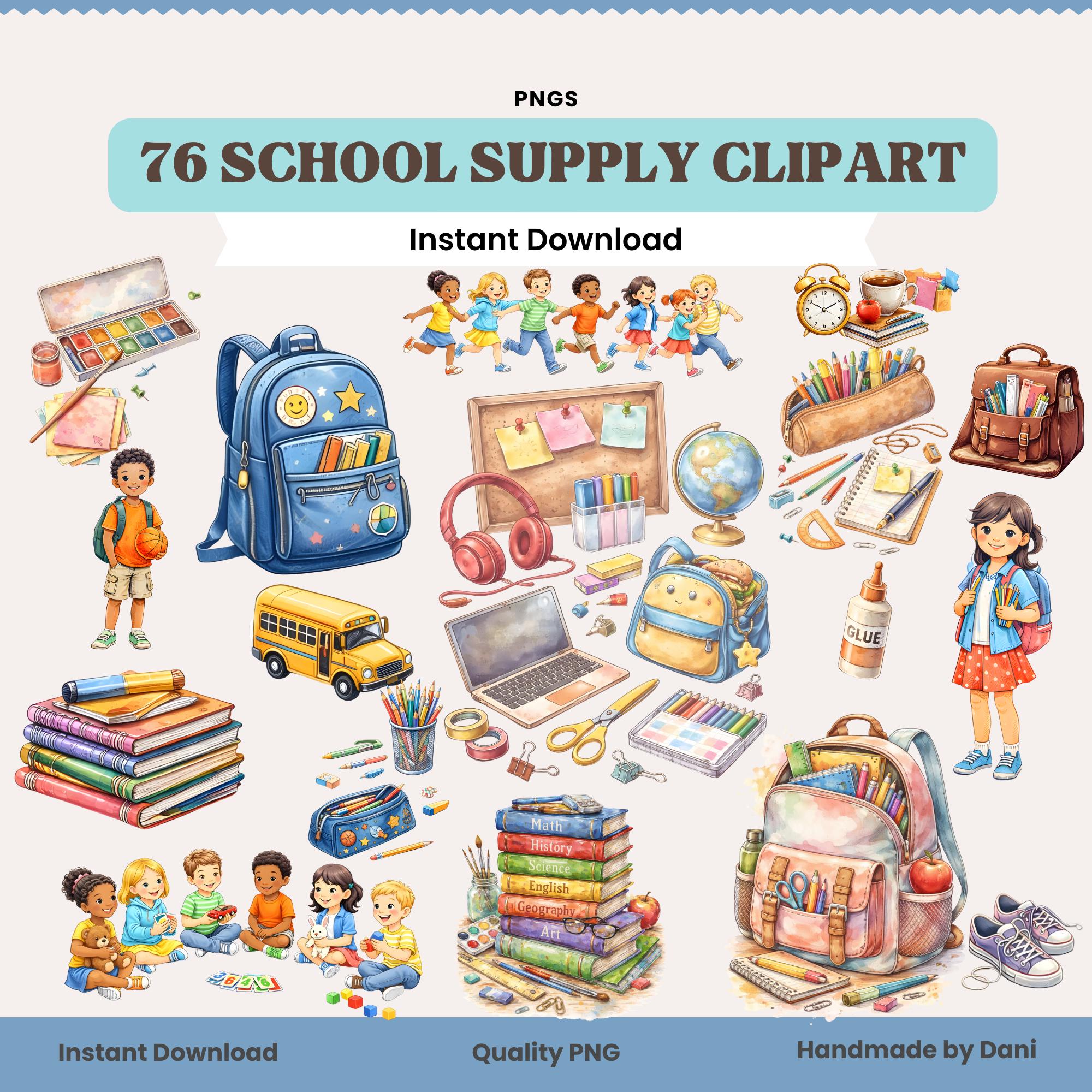 School Supplies Clipart Set - 76 Watercolor Pngs - School Illustrations ...