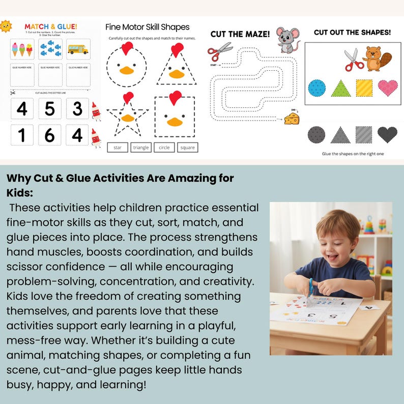 60 Cutting Skills Bundle for Kids | Fine Motor Worksheets | Cut & Glue ...