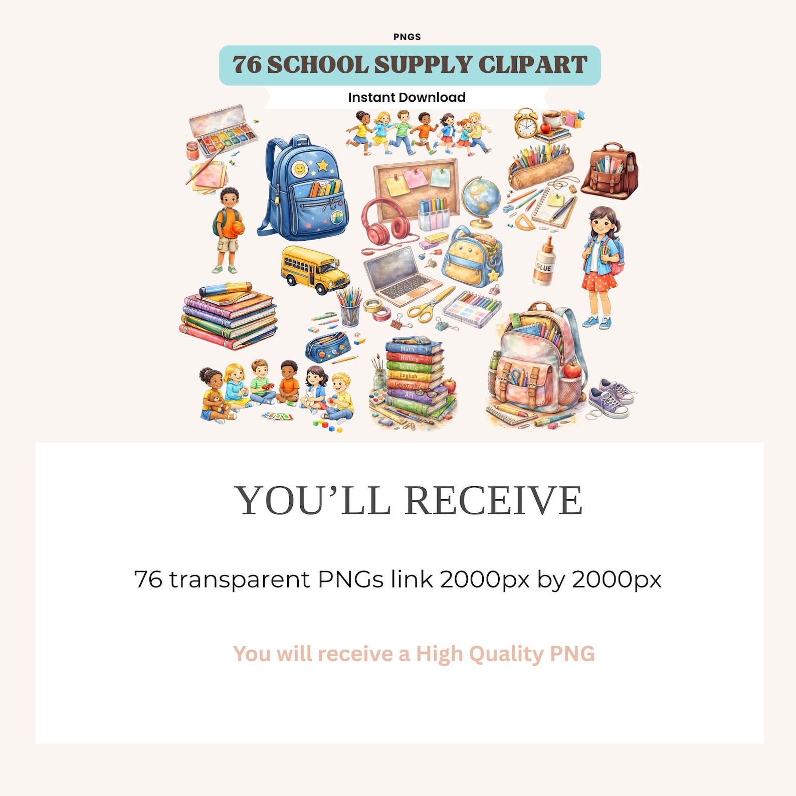 School Supplies Clipart Set - 76 Watercolor Pngs - School Illustrations ...