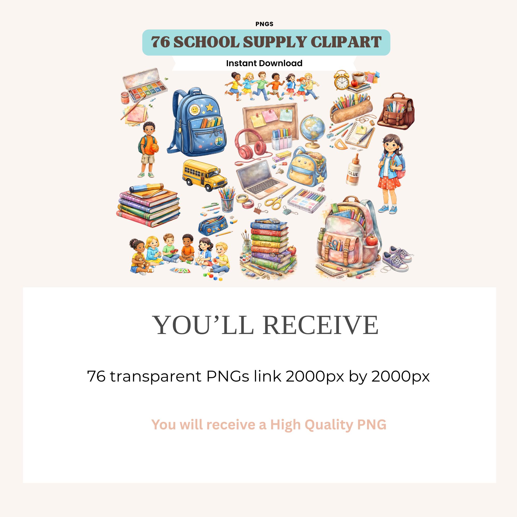 School Supplies Clipart Set - 76 Watercolor Pngs - School Illustrations ...