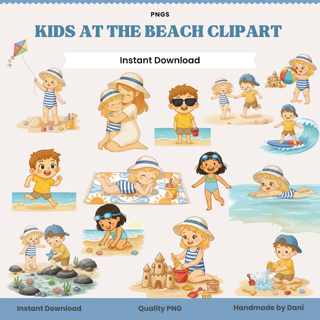 Kids at the Beach Clipart PNG, Cute Summer Children Graphics, Instant ...