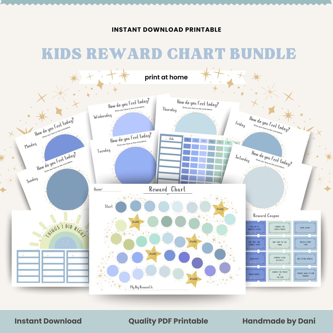 Kids Blue Reward Chart Bundle | Printable Feelings Charts & Chore ...