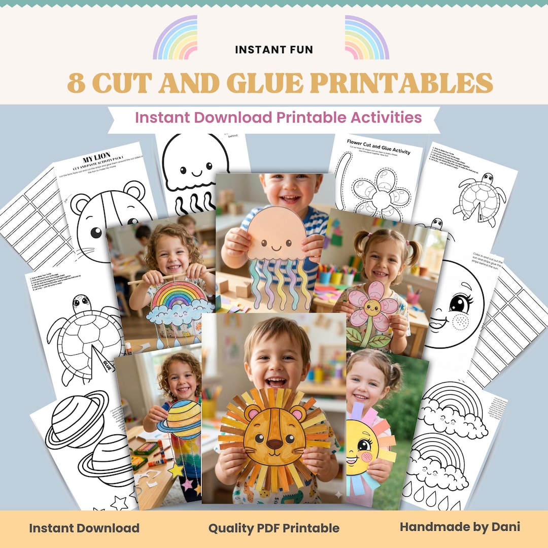 8 Cut and Glue Printable Activities, Preschool Fine Motor Learning (PDF ...