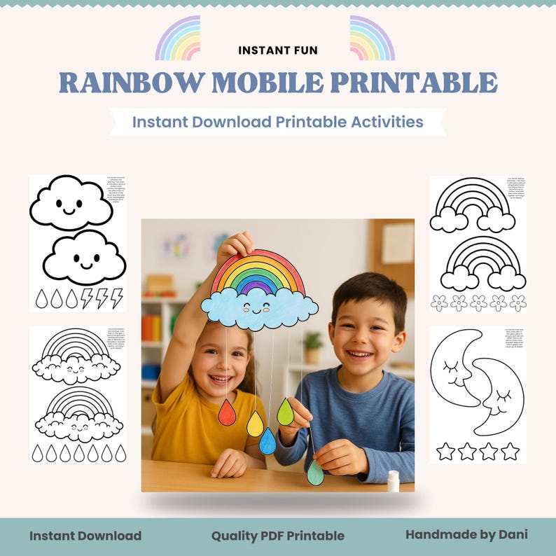Rainbow Mobile Printable Craft: Moon, Cloud & Stars Kids Activity (PDF ...