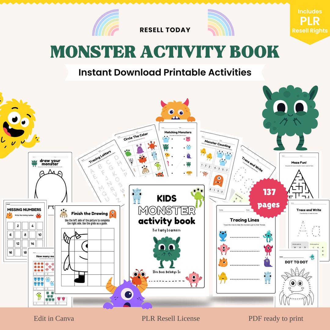 Monster Activity Book: 137 Pages Fun Learning Printables (PLR, Canva ...