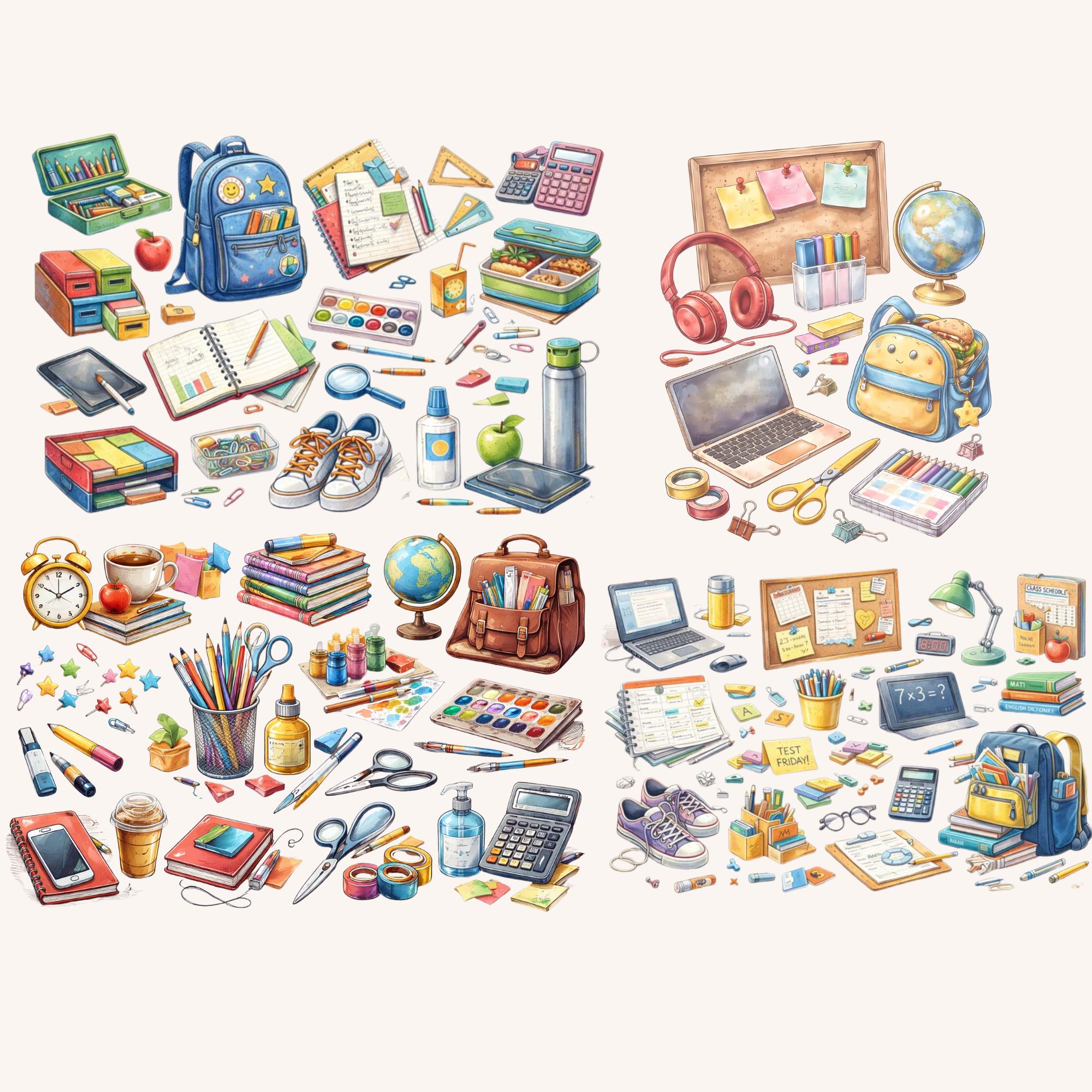School Supplies Clipart Set - 76 Watercolor Pngs - School Illustrations ...