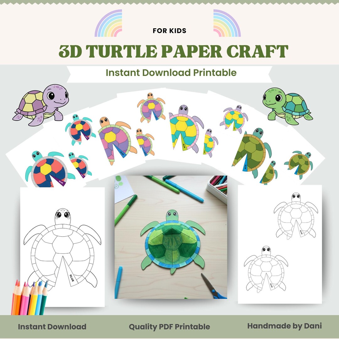 3D Turtle Paper Craft for Kids – Coloring Activity (instant Download ...