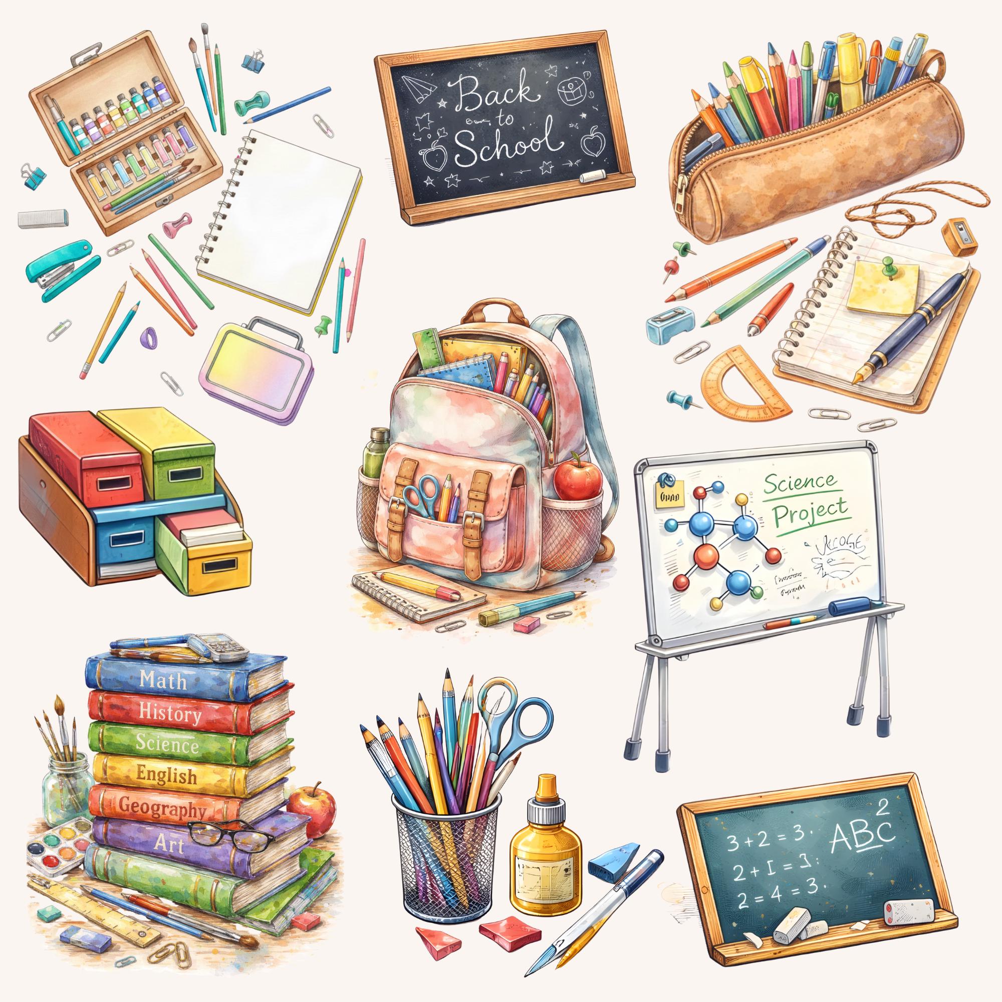 School Supplies Clipart Set - 76 Watercolor Pngs - School Illustrations ...