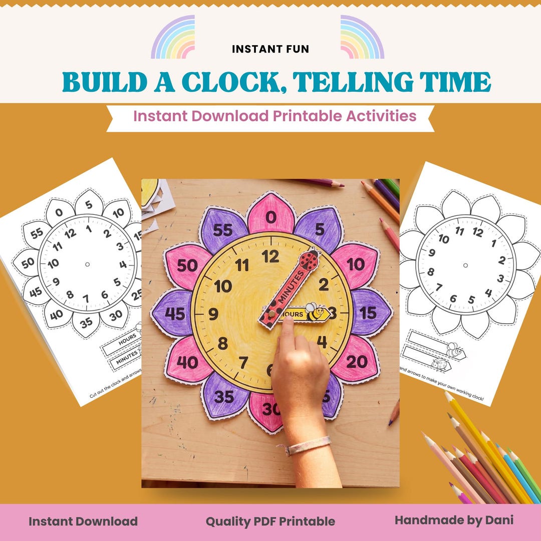 Flower Clock Craft Printable, Telling Time Activity for Kids, Build a ...