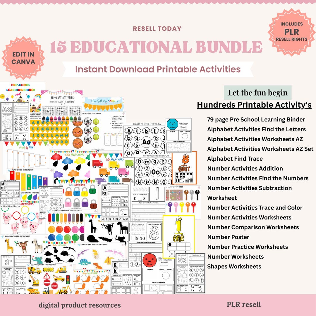 Educational Printable Bundle Workbook PLR Worksheets Activities for ...