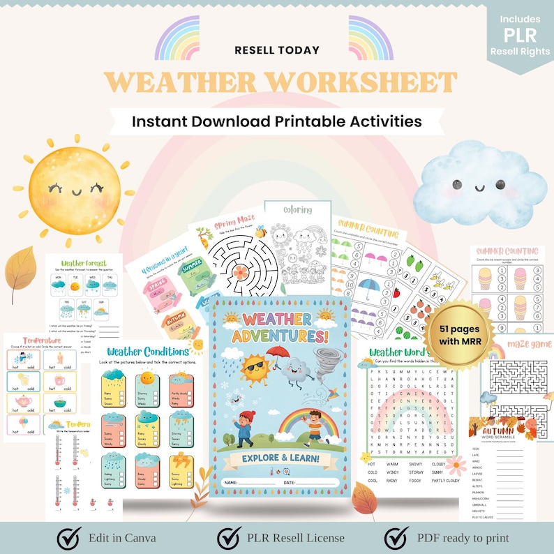 Kids Weather Learning Activities: Crosswords, Coloring Pages (PLR ...