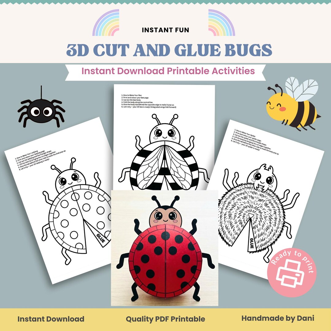 3D Cut and Glue Bugs Printable, Kids Craft Activity, Coloring Pages ...