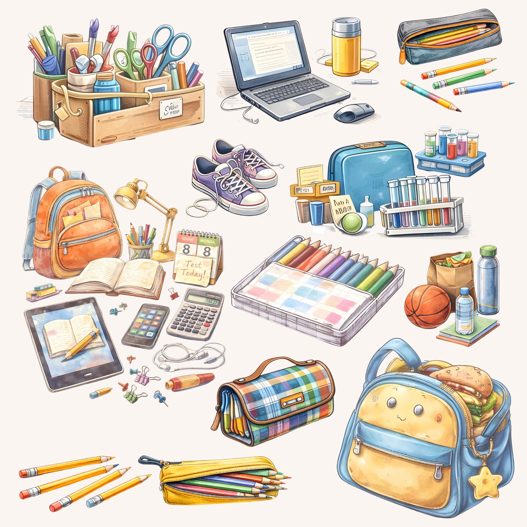 School Supplies Clipart Set - 76 Watercolor Pngs - School Illustrations ...